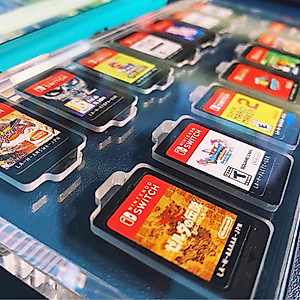 X-Richmen 14 in 1 Game Card Case for Nintendo Switch Acrylic Storage Box Transparent Display Cabinet of Switch Game Card Cartridge, Gift Box of Mario Mushroom Red and Blue Thumb Grip 2PCS