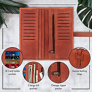 ORNA'S LEATHER ART GOLDFINCH COGNAC WALLET: Women’s Brown Billfold, Stylish, Handcrafted, Real Cowhide, Spacious, 18 Card Holders, 6 Money Pockets,