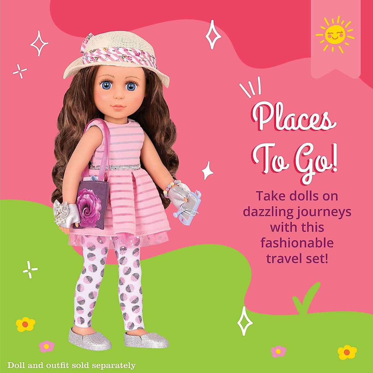 Glitter Girls - 14-inch Doll Clothes - Places To Go Purse & Accessory Set - Floral Hat, Music Player, Travel Mug, Bracelet - Toys for Kids Ages 3 & Up