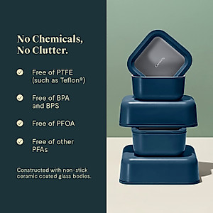 Caraway Glass Food Storage, 10 Cup Glass Container,Ceramic Coated Food Container,Easy to Store, Non Toxic, Non Stick Lunch Box Container with Glass Lids. Dishwasher, Oven,Square Shape,Navy