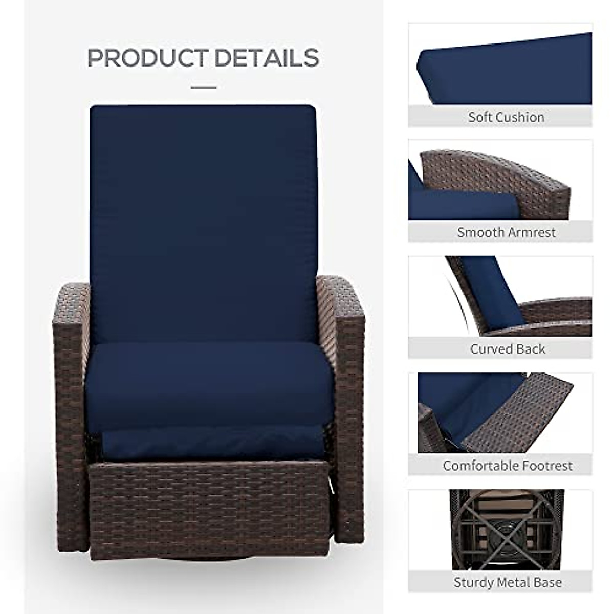 Outsunny Outdoor Wicker Swivel Recliner Chair, Reclining Backrest, Lifting Footrest, 360° Rotating Basic, Water Resistant Cushions for Patio, Dark Blue