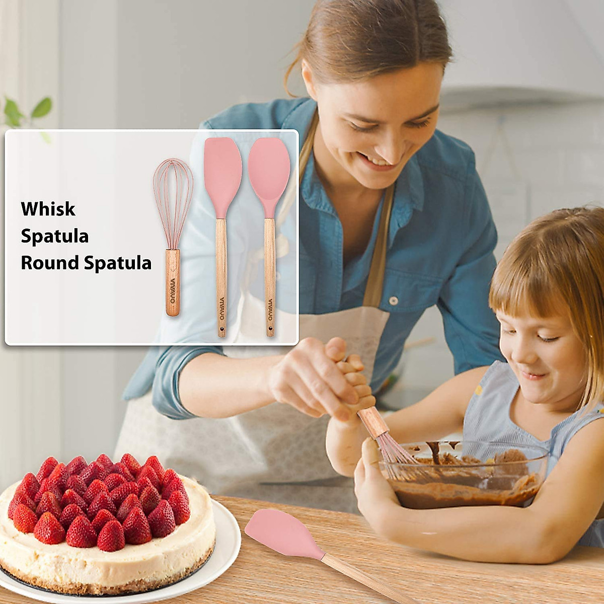 VIVAYO Silicone Cooking Utensil Kitchen Utensils Set, 12 Pieces Silicone Kitchen Utensil Wooden Handles, Kitchen Spatula Sets with Holder Spoon Turner Tongs, Pink