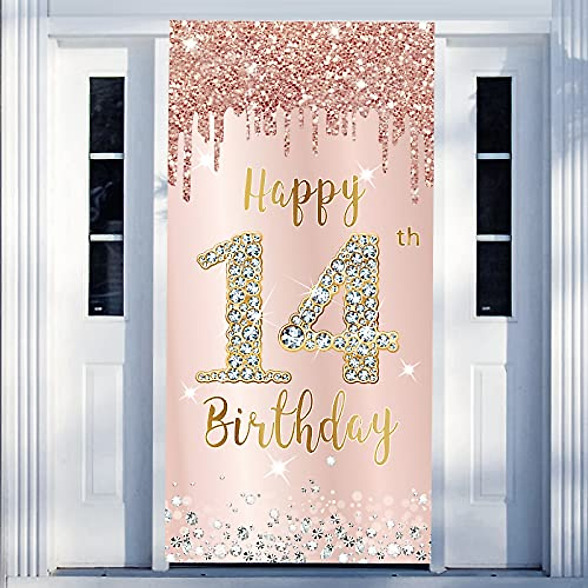 14th Birthday Door Banner Decorations for Girls, Pink Rose Gold Happy 14th Birthday Door Cover Backdrop Party Supplies, Large 14 Year Old Birthday Poster Sign Decor