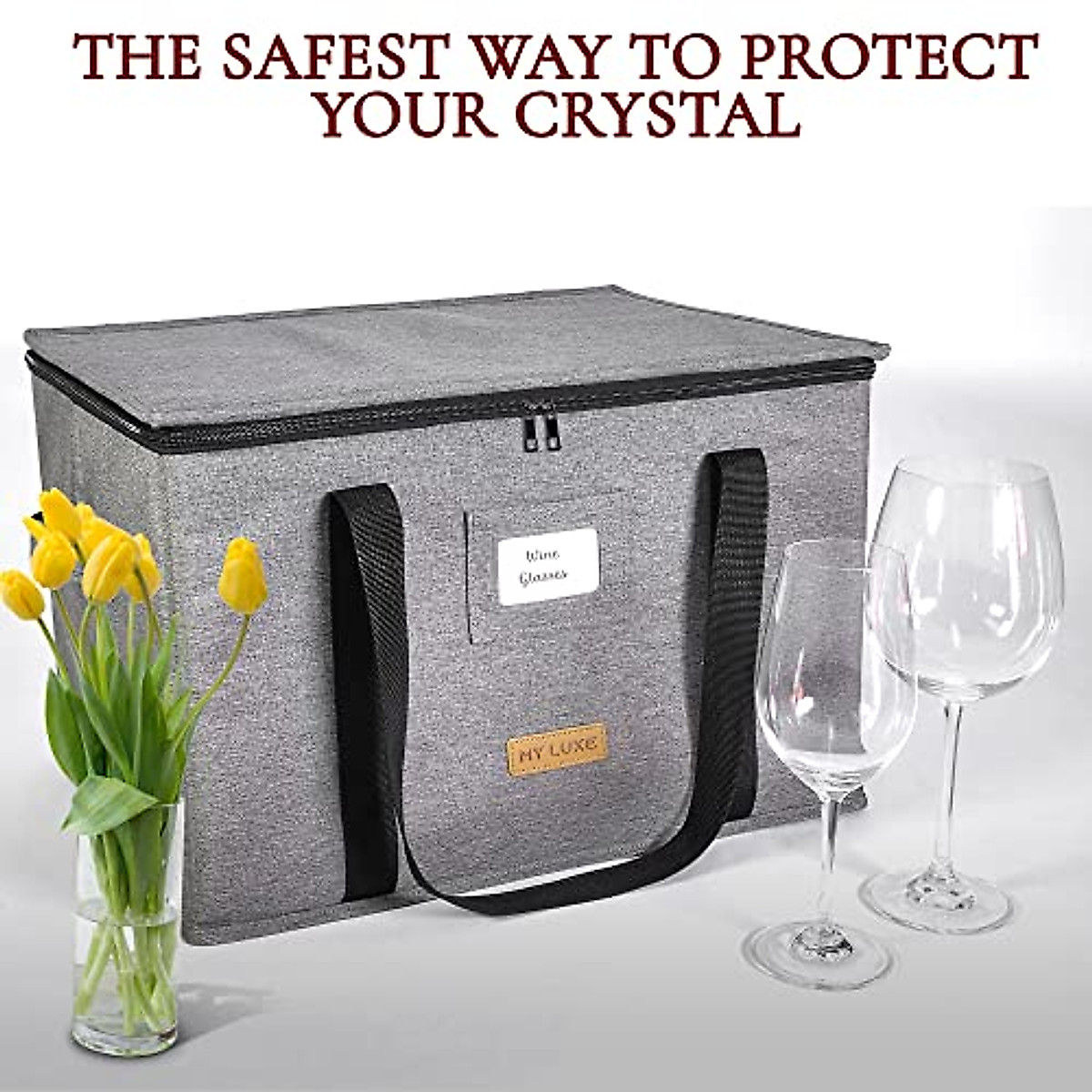 MyLuxe Wine Glass Storage Box - Case with Dividers for Wine Glasses, Crystal and Champagne Flutes, Padded Container with Sturdy Handle
