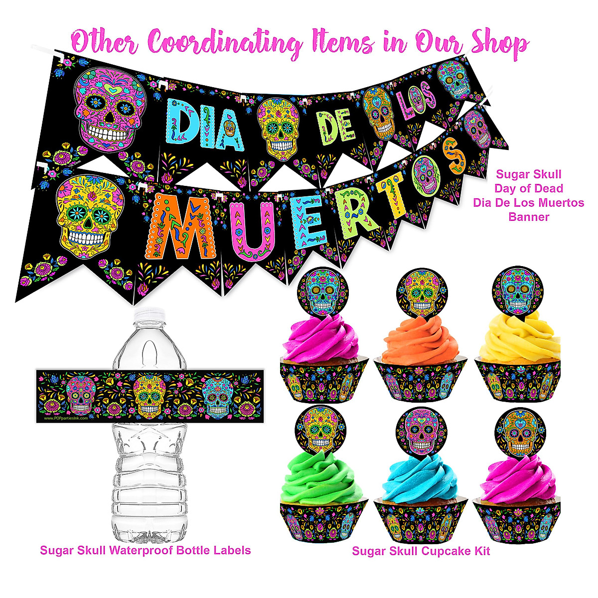 Sugar Skull Waterproof Bottle Labels - 20 Bottle Labels - Sugar Skull Halloween Party Decorations - Day of the Dead Party Supplies - Day of the Dead Decorations - Bottle