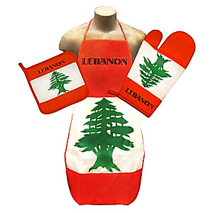 Lebanon Flag Kitchen & BBQ Set w/ Apron, Oven-mitt & Pot-holder Lebanese