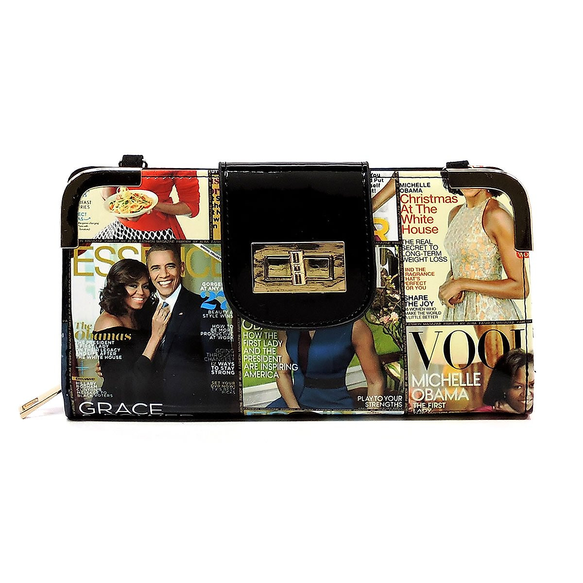 Glossy magazine cover collage cross body handbags purses clutches and wallets Michelle Obama bags (Wallet 5)