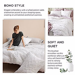 Bedsure Boho Comforter Set Queen - White Tufted Shabby Chic Bedding Comforter Set for All Seasons, 3 Pieces Western Comforter Set, Farmhouse Modern Bed Set, Spring Bedding for Women Men Girls