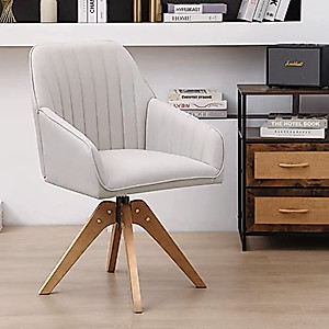 Furniliving 36.8'' Mid Century Modern Swivel Accent Chair for Living Room, Wood Desk Chair with Arms Mid Back Arm Chairs Upholstered Home Office Chair No Wheels for Home Office/Bedroom, Beige