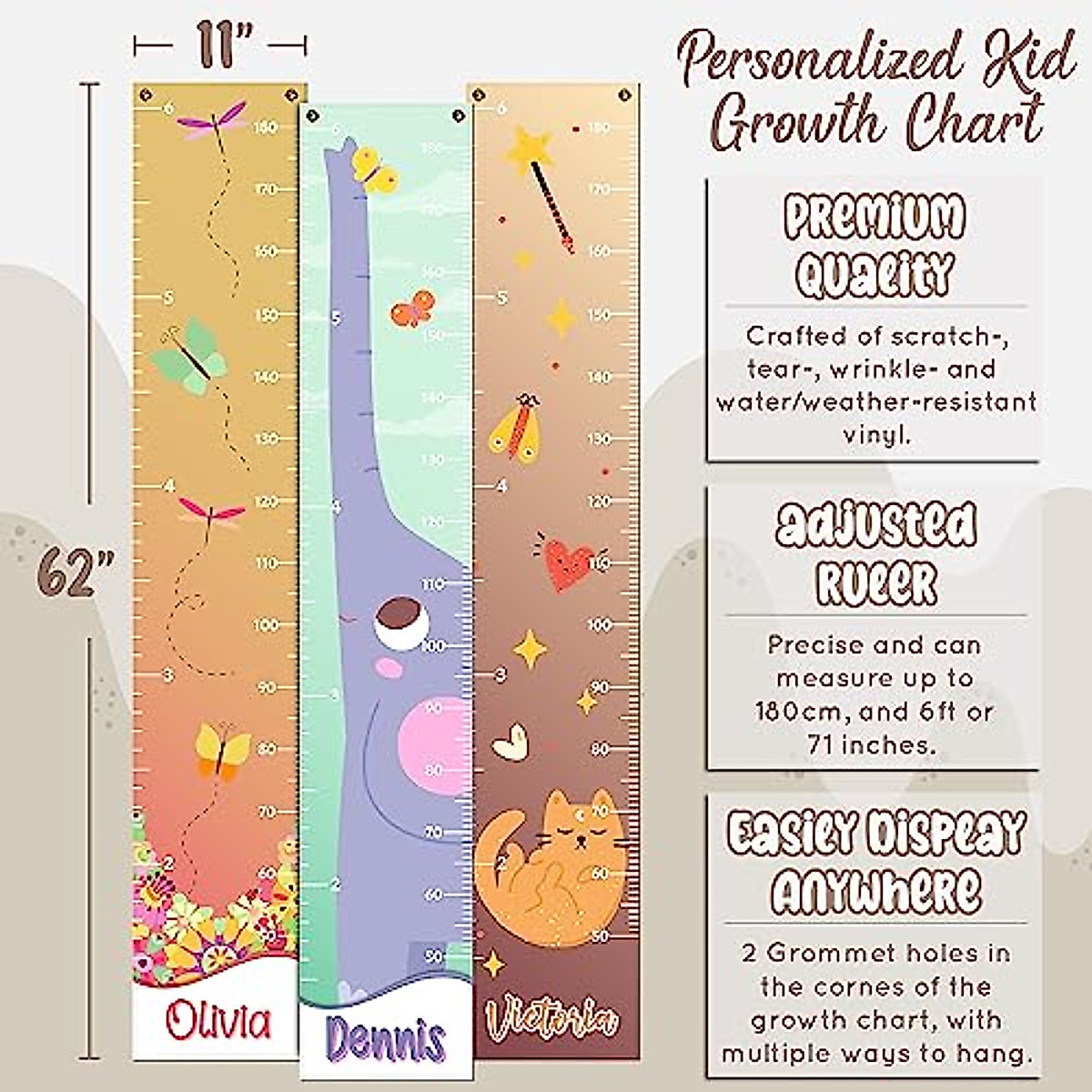 Personalized Kids Growth Chart - 12 Designs, 13oz Vinyl Height Measurement ft. cm, inches Chart for Toddlers - Ruler for Kids