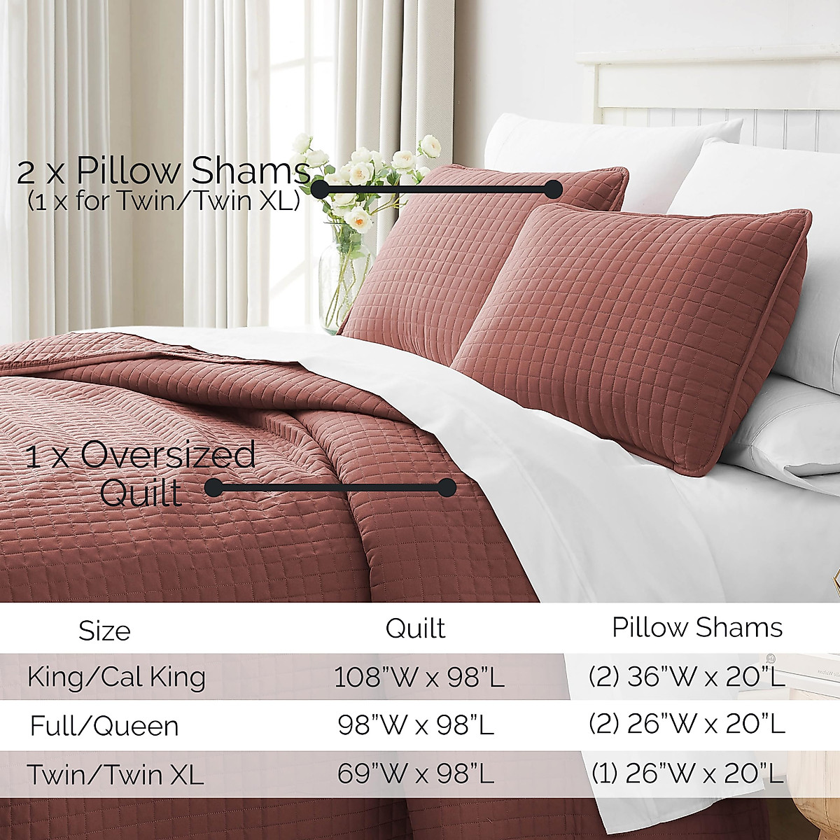 Southshore Fine Living, Inc. Twin XL Quilt Set with Pillow Sham, Quilted Twin Bedspread, Coverlet, Oversized Bed Quilt for Full Coverage, Soft and Comfy, Easy Care, Machine Washable, Marsala