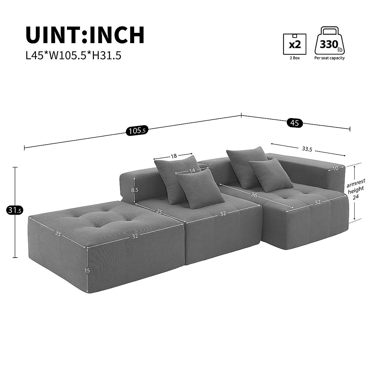 P PURLOVE L Shaped Sectional Sofa, Corduroy Modern Minimalist Style L Shaped Couch, Modular Upholstered Living Room Sofa Set for Living Room, Apartment, 3 PC Free Combination (Gray)