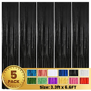 pabues 5 Pack 3.3 x 6.6 FT Black Foil Fringe Backdrop Curtain, Streamer Backdrop Curtains, Streamers Birthday Party Decorations, Fringe Backdrop for Graduation, Baby Shower, Gender Reveal
