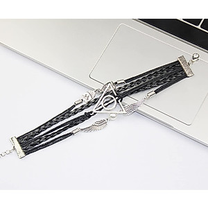 Handcrafted Harry Potter Bracelet, Antique Silver Harry Potter, Bead,Owls, Wings Charm Black Leather Bracelet Wristband Jewelry Gift