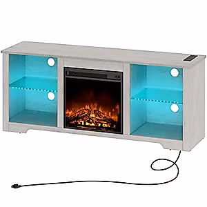 Rolanstar Fireplace TV Stand with LED Lights and Power Outlets, TV Console for 43" 50" 55" 60" 65", Entertainment Center with Adjustable Glass Shelves, White