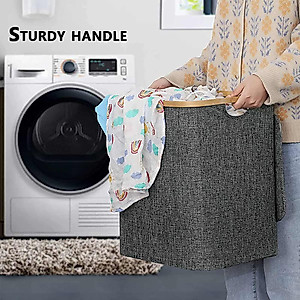 Mindore Laundry Hamper with Lid,60L Collapsible Laundry Basket with Bamboo Handles,Portable Clothes Hamper for Dorm Room, Bathroom, Bedroom,Grey Foldable Hamper for Toys, Closet, Clothing