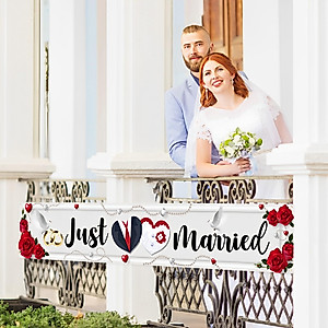 Labakita Large Just Married Banner, Wedding Ceremony Front Yard Banner Sign, Wedding Banner for Outside/Inside, Honeymoon Bridal Shower Wedding Party Decoration Supplies