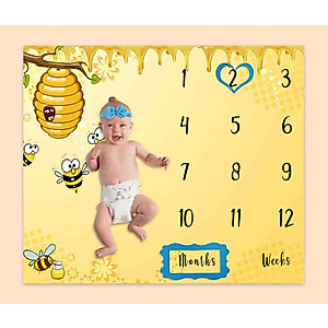 PHMOJEN Baby Age Milestone Blanket, Bee Honeycomb Blanket for Nursery, Baby 1-12 Months Growth Chart, Includes 4 Frame and 1 Headband 47"x40" BTQQPH33