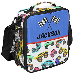 OMFUNS Racing Car Custom Name Reusable Lunch Bag for Kids Boys Teen, Colorful Truck Personalized Insulated Lunch Box Thermal Cooler Customized Lunch Tote Bag for School Picnic