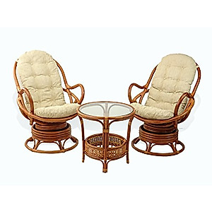 Lounge Swivel Rocking Java Chair Natural Handmade Rattan Wicker with Cream Cushion, Cognac