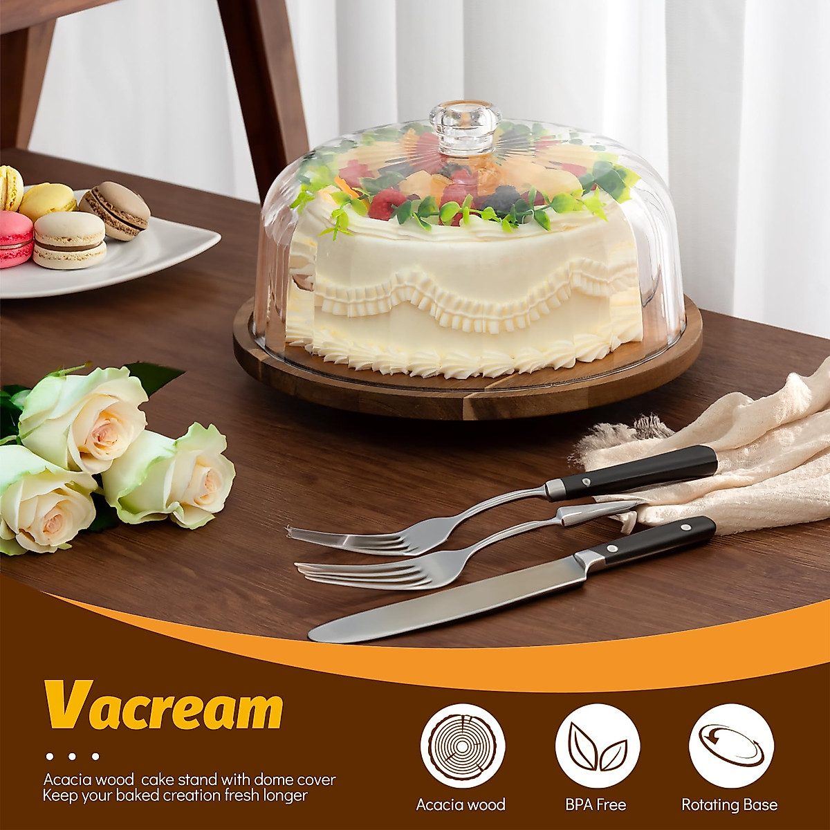 Vacream Rotating Cake Stand with Dome,Acacia Wooden Cake Plate with Acrylic Lid, Wood Lazy Susan with Cover, Cake Stand for Party,Birthday,Parties,Baking Gifts(12 Inch with Dome)