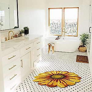Sunflower Rug for Kitchen Bathroom Bedroom Living Room - Hand Woven Round Flower Floor Mat Modern Area Rugs Runner, Yellow