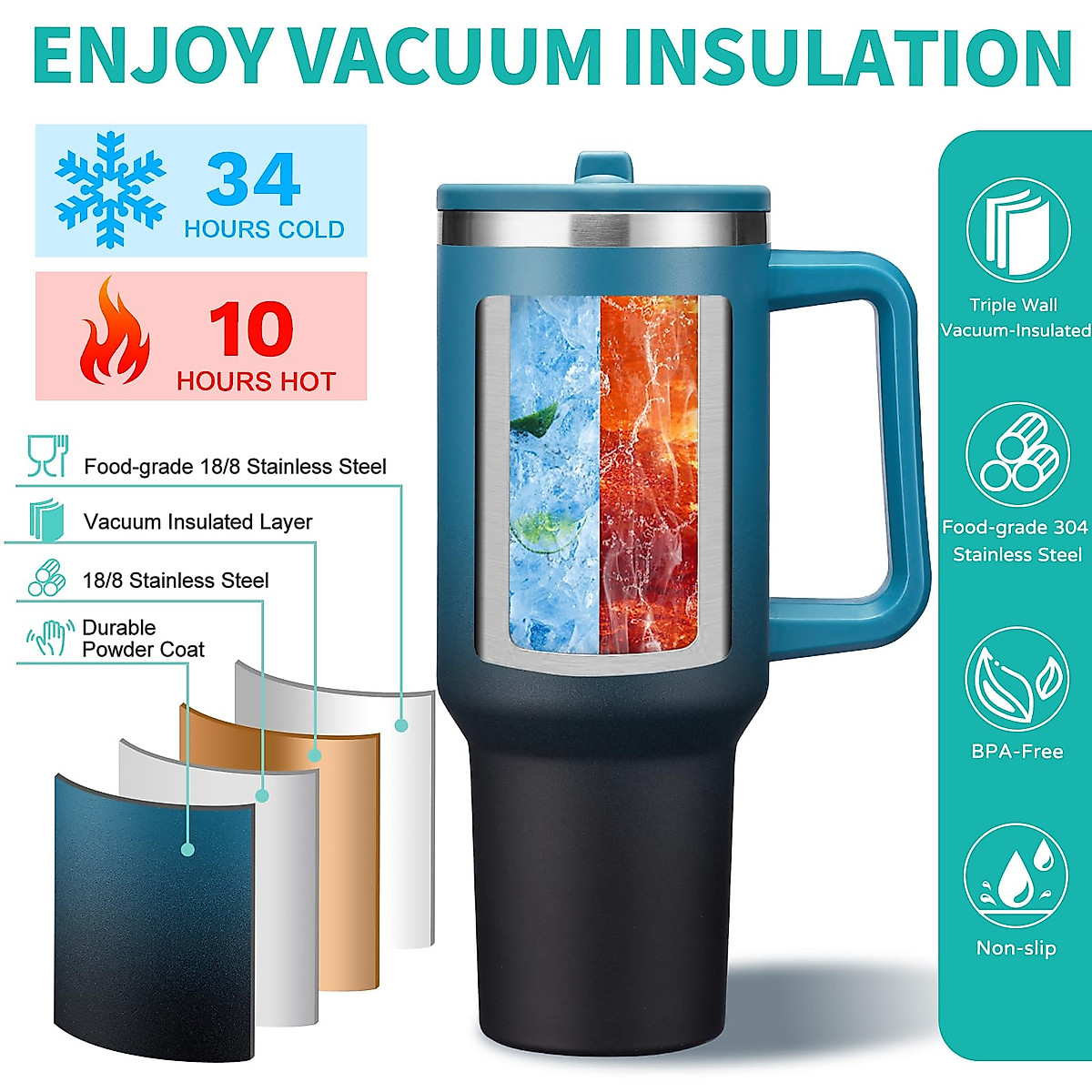 BENZZO Insulated Tumblers 40 oz Tumbler with Flip Straw - Thermal Cup with Lid Coffee Mug Keep Cold-34h & Hot-10h, Stainless Steel Mug Leakproof Dishwasher Safe Insulated Cup with Lid