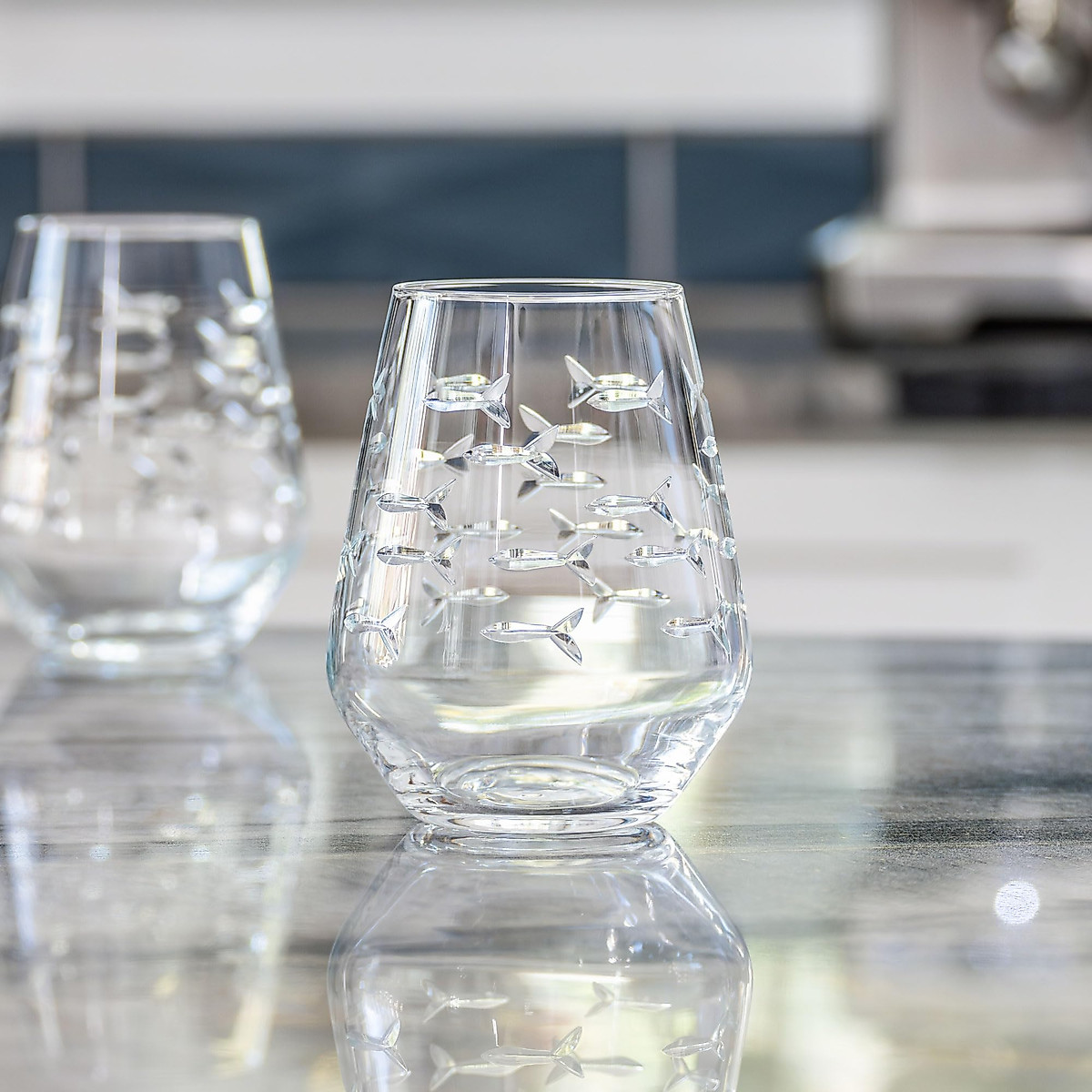 Rolf Glass | School of Fish Stemless Tumbler | 18oz Stemless Wine Glasses | Lead-Free Glass | Engraved and polished in Pennsylvania | US made (Set of 2)