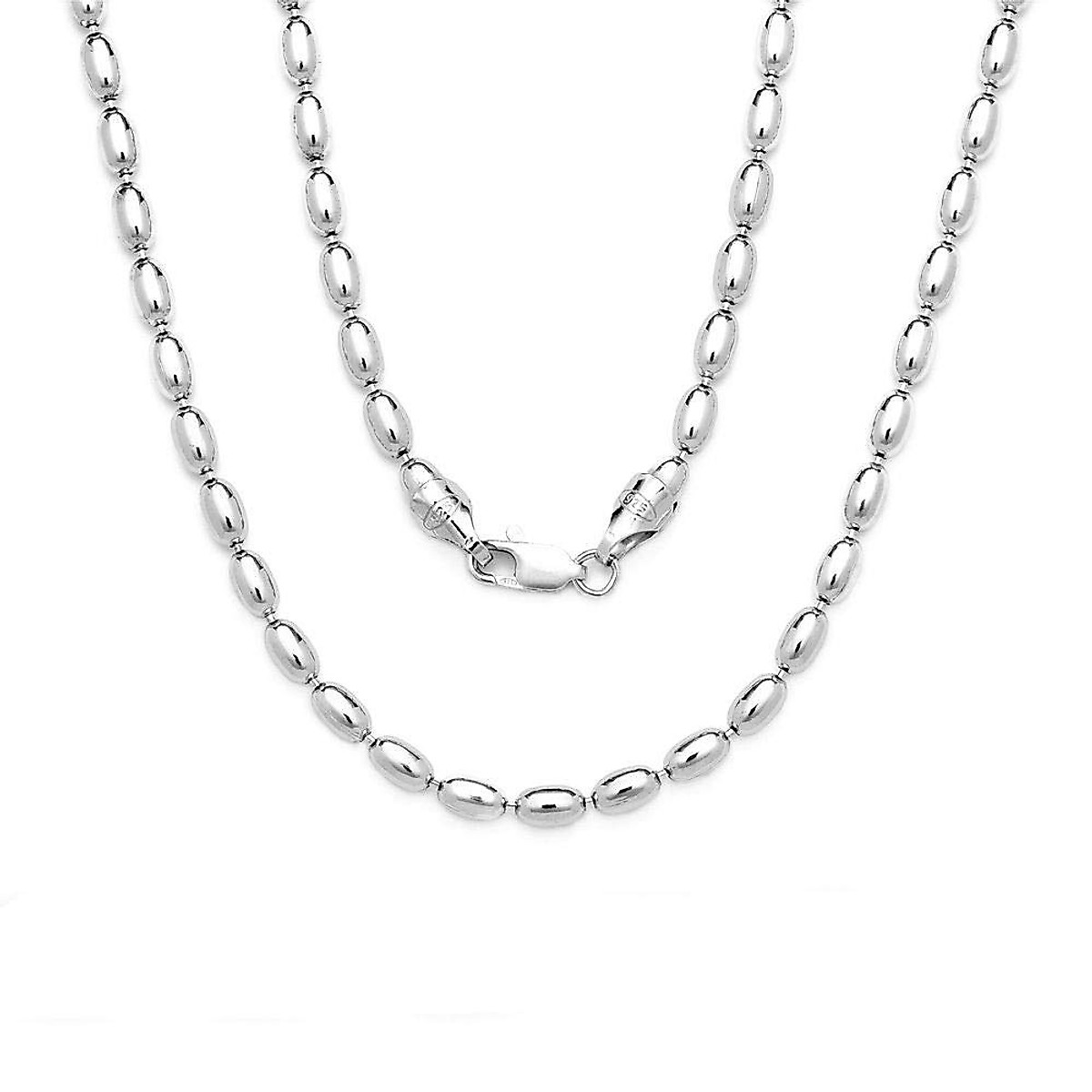 925 Sterling Silver Oval Bead Necklace, 3MM, 4MM Sterling Silver Bead Ball Necklace, Rice Bead Chain Necklace, Silver Beaded Necklace 16-36 (24, 3MM)