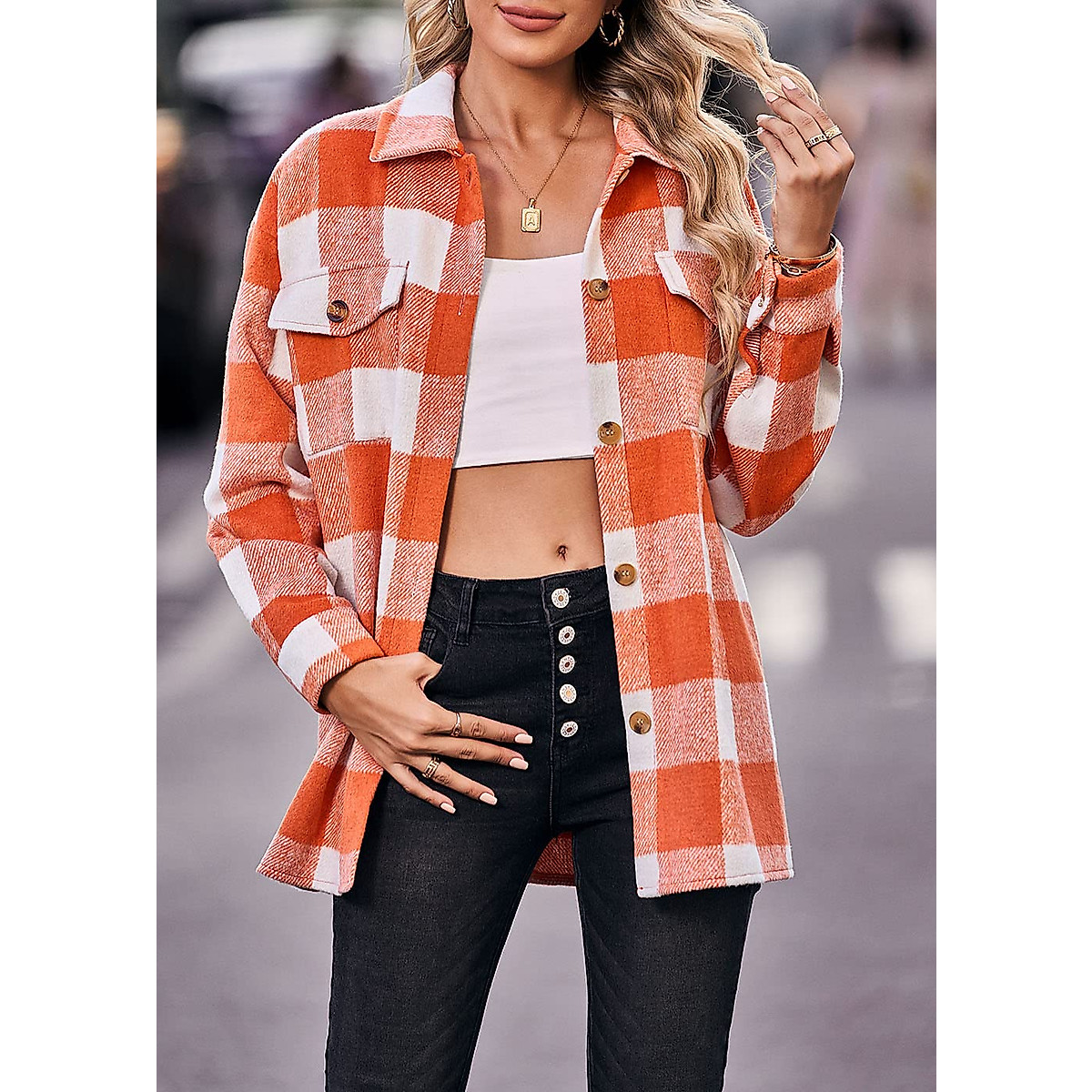PRETTYGARDEN Women's 2024 Fall Clothes Plaid Shacket Jacket Long Sleeve Button Down Flannel Shirts Fashion Blouse (Plaid Orange White,Large)