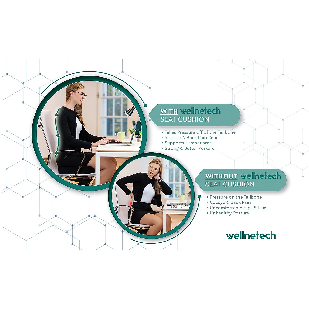 Wellnetech Seat Cushion Non-Slip Sciatica & Back Coccyx Tailbone Pain Relief Car Seat Cushion All-Day Sitting Comfort for Office Desk Gaming Chair. Enhanced Gel Memory Foam Seat Cushion