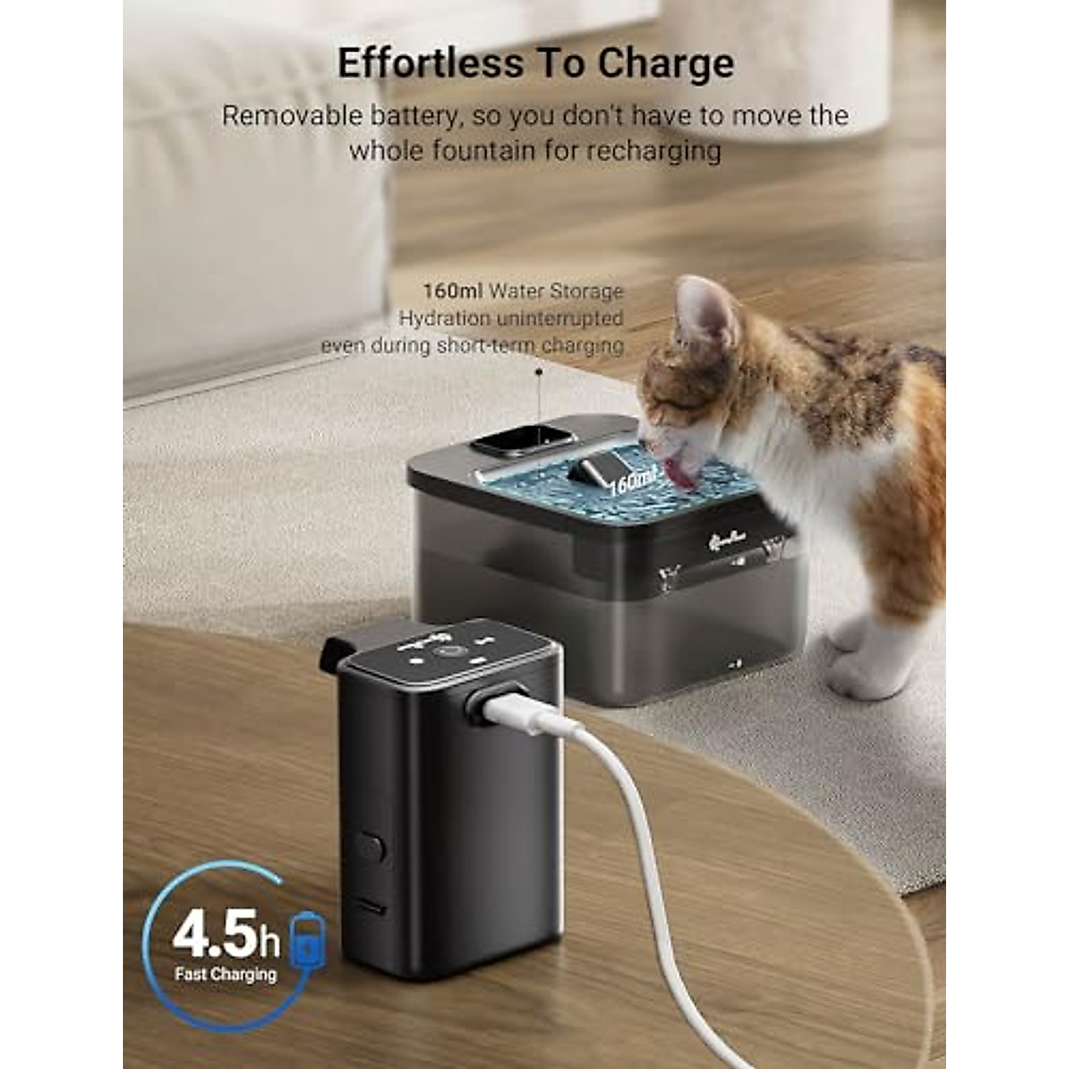 DownyPaws Battery Operated Cat Water Fountain, 84oz/2.5L Fursink Wireless Pet Water Fountain for Cats Inside, Automatic Cat Waterer Fountain with Motion Sensor, Ultra Quiet Pump, BPA-Free, Black
