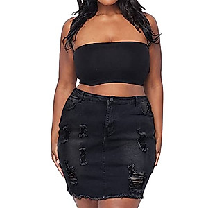 PYL Women Plus Size Distressed Jean Short Denim Skirt, Raw Hem Casual Bodycon Black