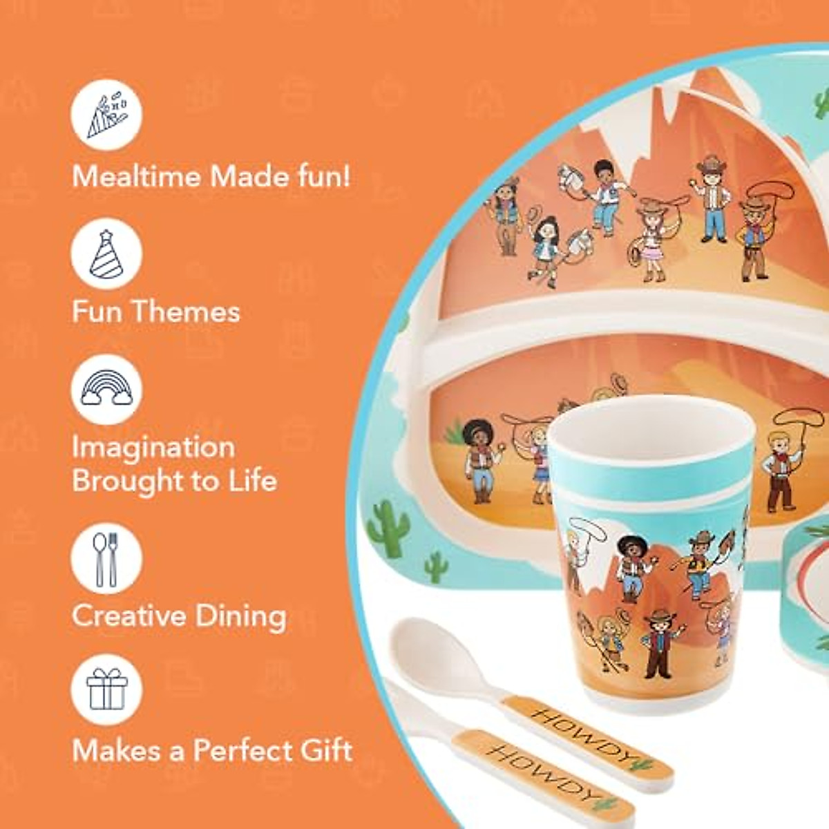 5 Piece Kids Dinnerware Set, Western Cowboys Themed Kids Utensils Set, Bamboo Fiber Plate, Bowl & Cup, Lightweight & Shatterproof Toddler Feeding Set, Children Safe Kitchen Set, Fun Toddler Utensils