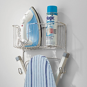 mDesign Metal Steel Ironing Board Holder Wall Mount with Large Storage Basket for Laundry Rooms - Holds Iron, Ironing Board, Spray Bottles, Starch, or Stain Sticks - Easy Installation - Chrome
