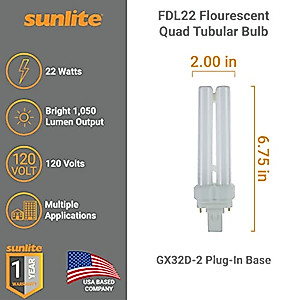 Sunlite FDL22 Fluorescent Quad Tube Plug-in Bulb, 22 Watt, 10,000 Hour Life Span, GX32D-2 Base, 1050 Lumens, for Fluorescent Ceiling Fixtures, 5000K Daylight, 1 Pack