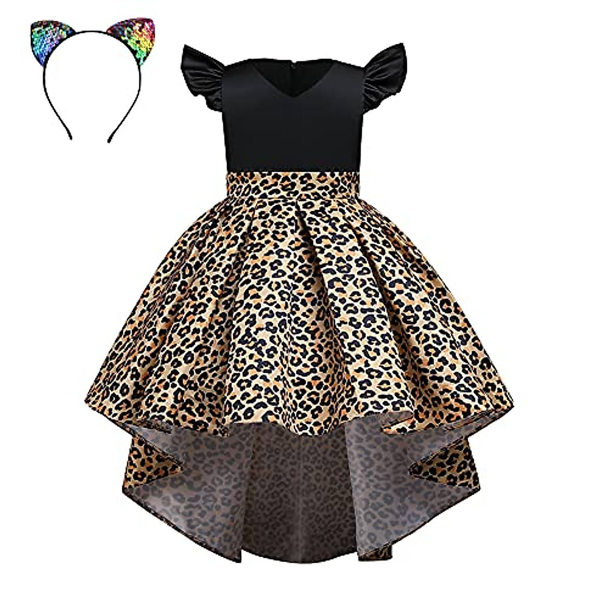 Flower Girl Leopard High Low Tutu Dress for Kids Baby Wedding Bridesmaid Pageant Party Formal Gown Toddler Princess Communion Birthday Dresses with Rainbow Sequins Ears Headwear Khaki 6-7 Years