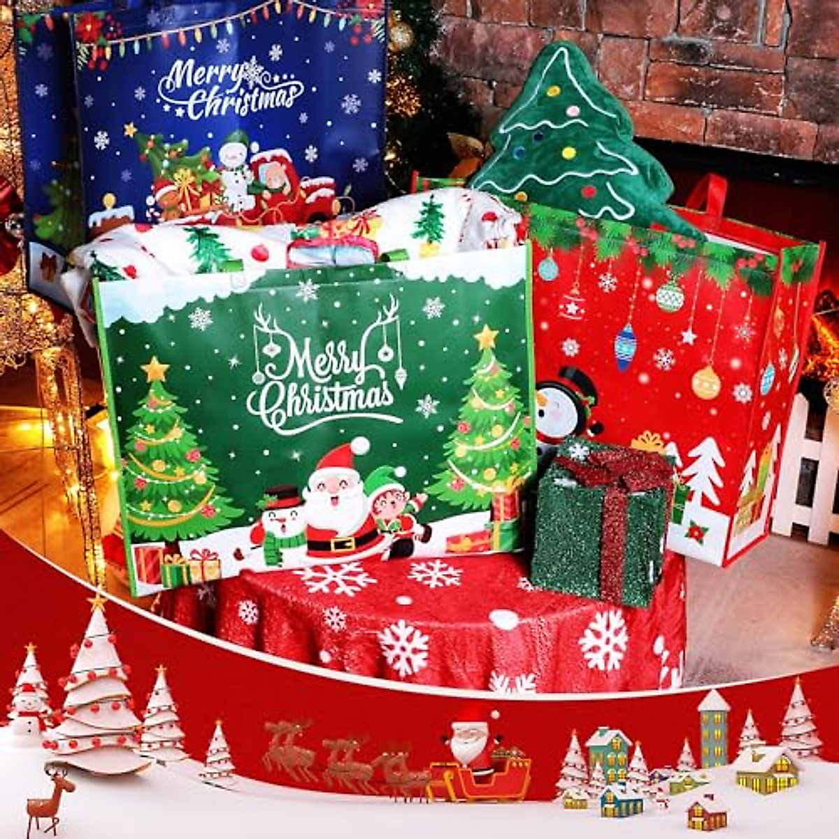 Aliceset 6 Pcs Extra Large Christmas Gift Bags 22 x 17 Inch Reusable Non Woven Jumbo Tote with Handle for Xmas Gift Wrapping(Cute)