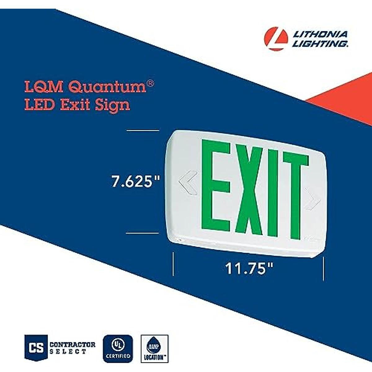 Lithonia Lighting LQM S W 3 G 120/277 EL N M6 Quantum Thermoplastic LED Emergency Exit Sign with Stencil-Faced White Housing and Green Letters with Nickel Cadium battery