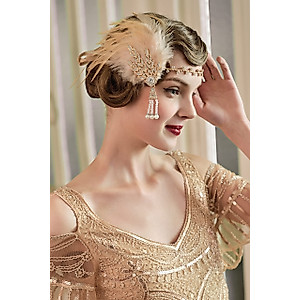 BABEYOND Art Deco 1920's Flapper Great Gatsby Inspired Leaf Medallion Pearl Headband Feather (Gold and Champagne Feather)