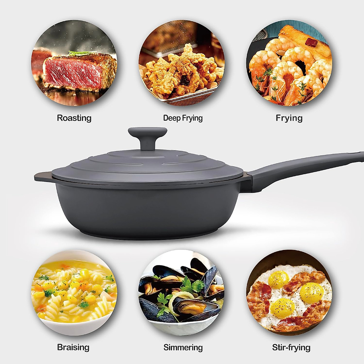 LIGTSPCE Always Nonstick Multipurpose Saute pan,All-in-One Pan,Large Skillet with Strainer,Deep Frying Pan with Lid(11-inch), PFOA Free non stick chef’s pan,Dishwasher and Oven Safe (Slate)