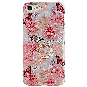 Qokey Compatible with iPhone SE Case 2022/2020,iPhone 8 Case,iPhone 7 Case 4.7 inch Flower Cute Fashion Cover for Women Girl 360 Degree Rotating Ring Kickstand Soft TPU Shockproof Cover Rose Butterfly