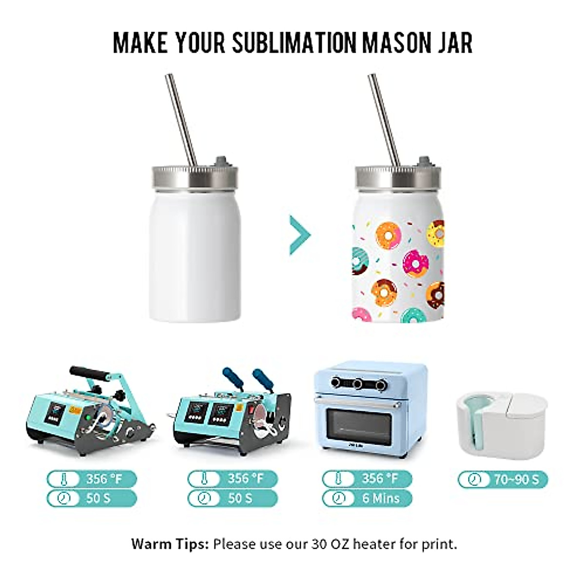 PYD Life Blanks Mason Jar 17 OZ Wide Mouth White Stainless Steel Tumbler with Lid and Metal Straw for Cricut Mug Press Machine Sublimation Print 4 Pack