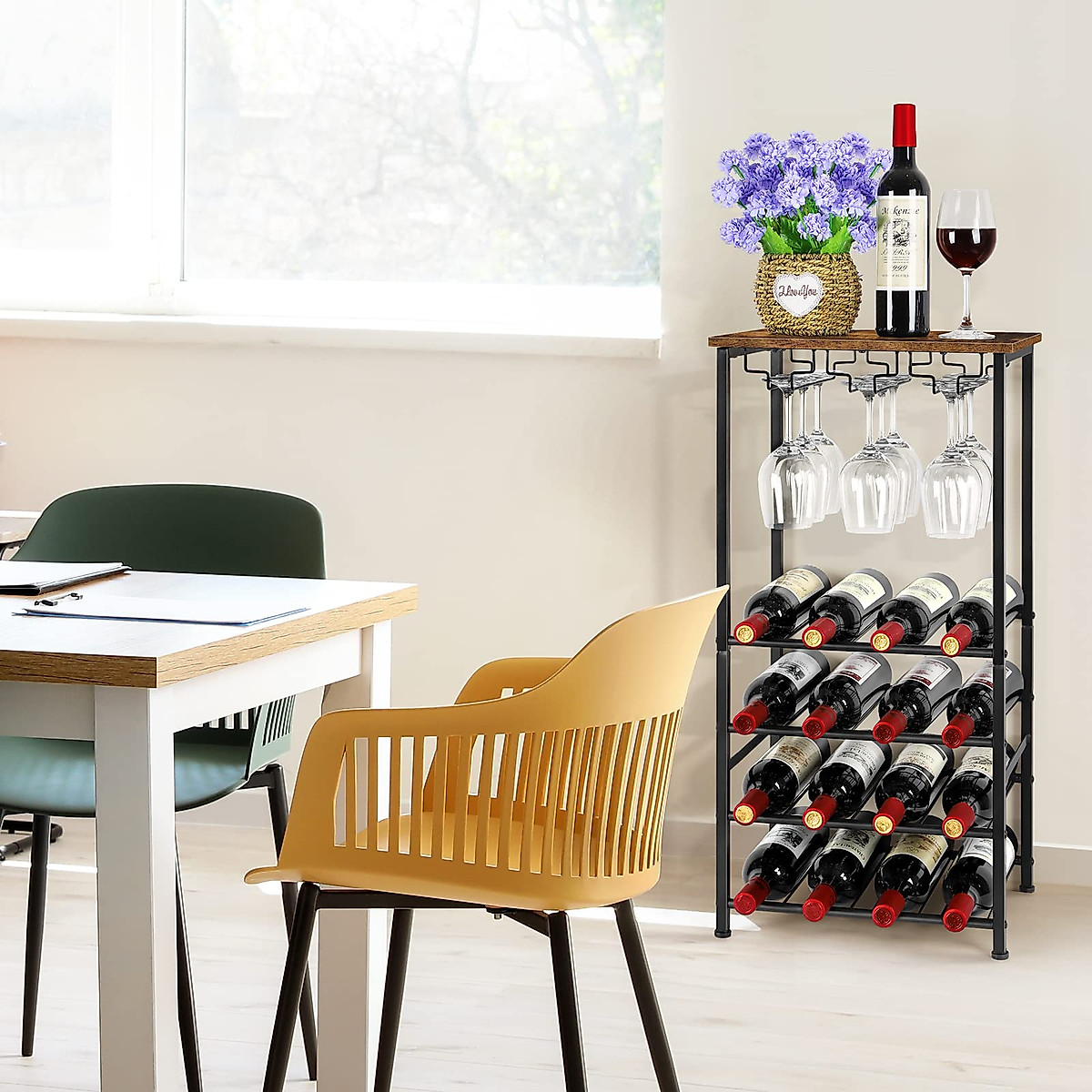 Wine Rack Freestanding Floor, Rustic Wine Holder Stand with Wine Storage and Bottle Shelf, 16 Bottles Floor Wine Rack Shelf for Kitchen Dining Room, Office, Bar, Rustic Brown