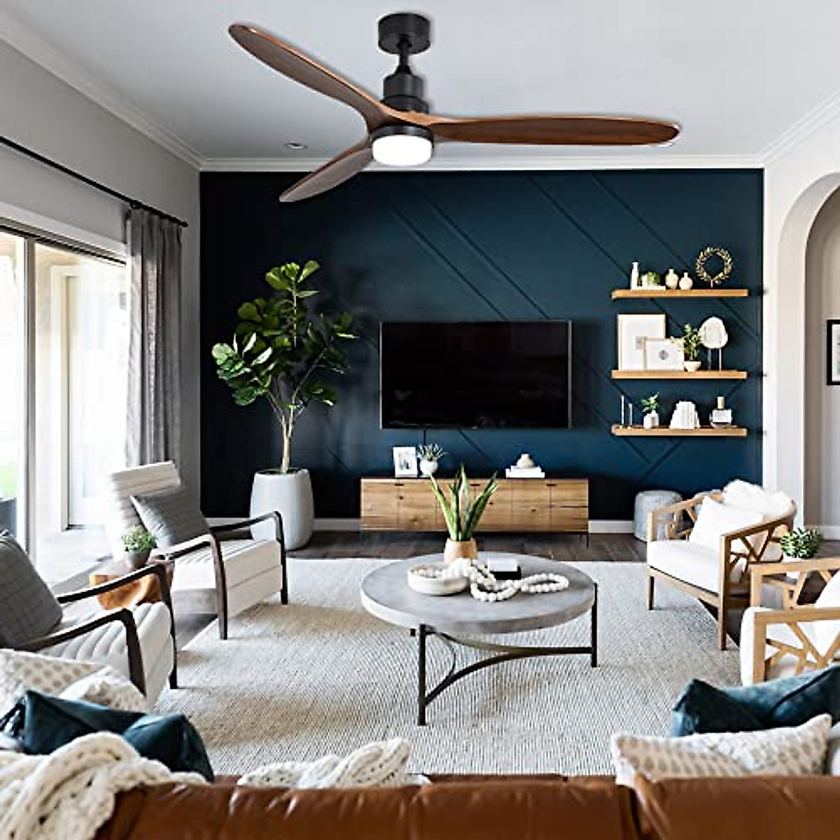 Sofucor Ceiling Fan 60'' Wood Ceiling Fan with Lights Remote Control Walnut Blades Dimmable Light Reversible DC Motor Modern Ceiling Fan for Kitchen, Bedroom, Basement, Dining, Living Room Matte Black