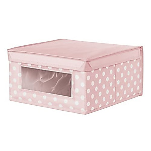 mDesign Medium Soft Stackable Fabric Baby Nursery Storage Organizer Holder Bin Box with Front Window and Lid for Child/Kids Bedroom, Playroom, Classroom - Light Pink/White Polka Dot