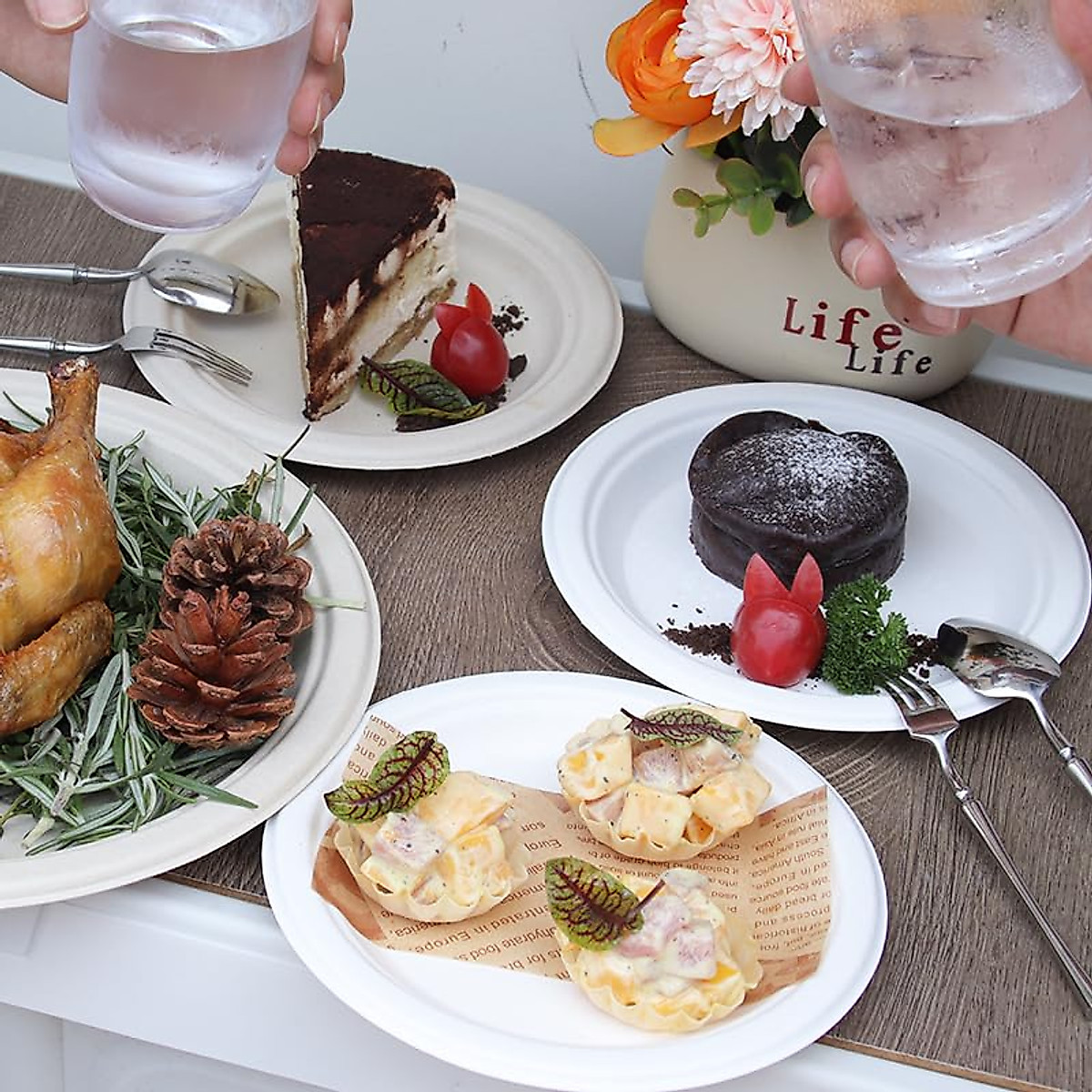 JOYFULOCEAN Paper Plates 7 inch 125 Pieces, 100% Compostable Disposable Paper Plates, Heavy-Duty Natural Biodegradable Eco-Friendly Sugarcane Fibers Party Plates(White)[PFAS-Free][BPI Certified]