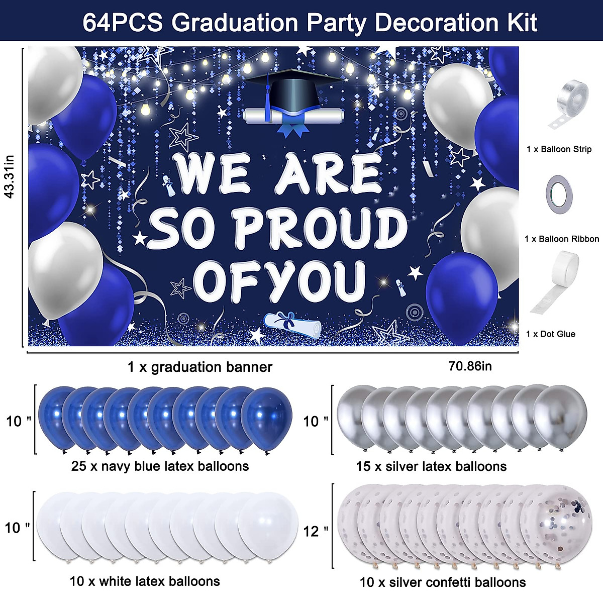 Pongime Graduation Party Decorations 2024, We Are So Proud Of You Decorations for Men Women, Navy Blue Silver Graduation Decorations Congrats Class of 2024 Banner Grad Party Supplies Balloons Arch Kit