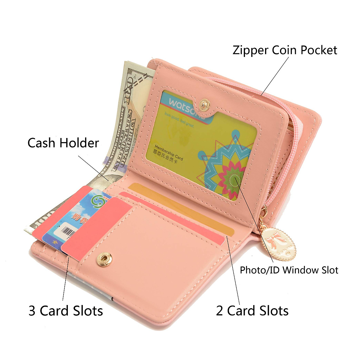 Ecohaso Wallets for Girls Women Purses for Teens Cute Cat Wallet Kitty Pattern Clutch Purse Coin Holder Card Organizer (Pink)