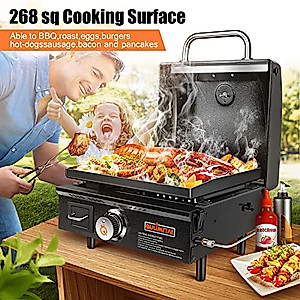 QuliMetal Table Top Grill Portable Griddle with Hood Non-Stick Flat Top Grill Griddle Propane Grill with Carry Bag 17 Inch,15,000 BTU,268 Sq,304 Stainless Steel Burner,Ceramic Coating for Outdoor Camping Party Tailgating